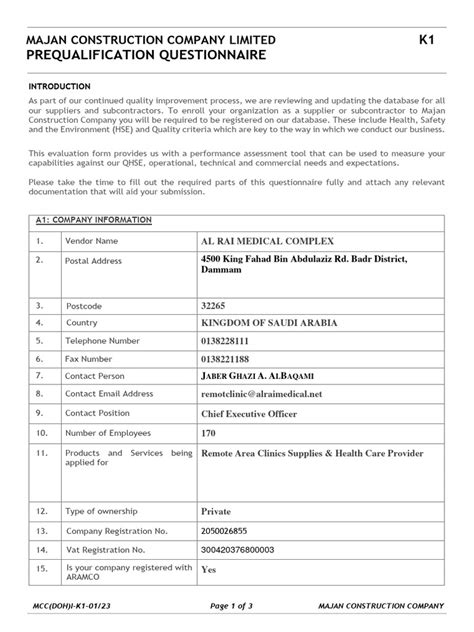 Draft Registration Form Majan Construction Company K 001