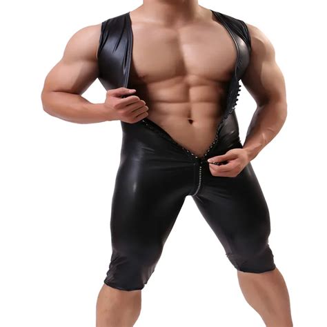 New Mens Lingerie Tight Zipper To Crotch Faux Leather Pole Dancing