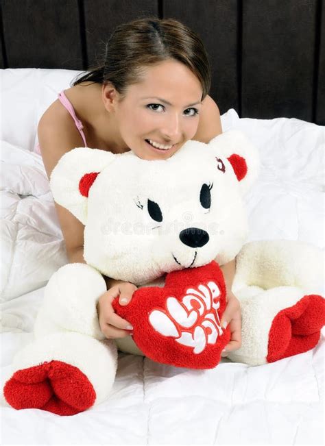 Girl In Bed With A Teddy Bear Stock Image Image Of Beautiful Indoor