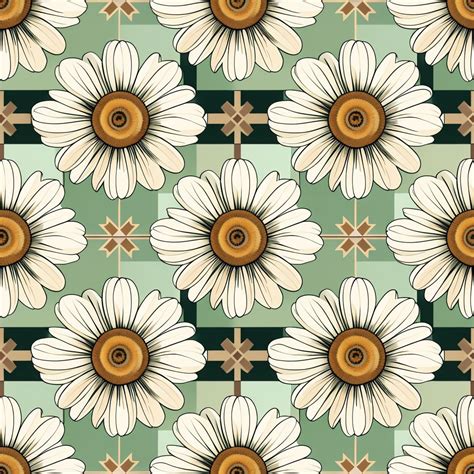 Symmetrical White Daisy And Geometric Elements Seamless Pattern Playground