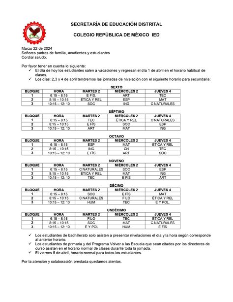 Horario de Nivelaciones Portal Red Académica