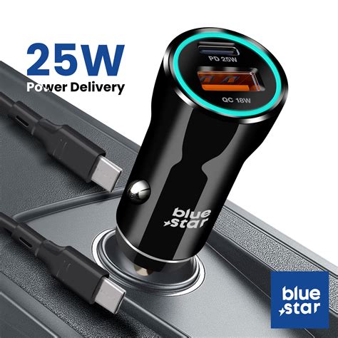 Chargeur Voiture Usb C Usb 25w Blue Star Noir Câble Usb C Inclus