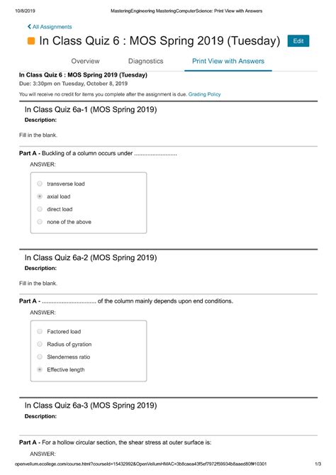 Quiz 6 2019 Questions And Answers 1082019 Masteringengineering Masteringcomputerscience