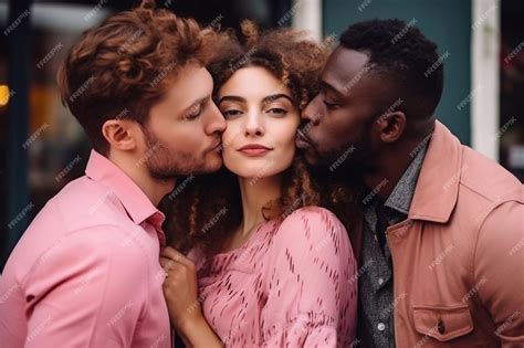 Premium Photo Two Men Kissing A Girl Cheek Portrait Of Two Guys