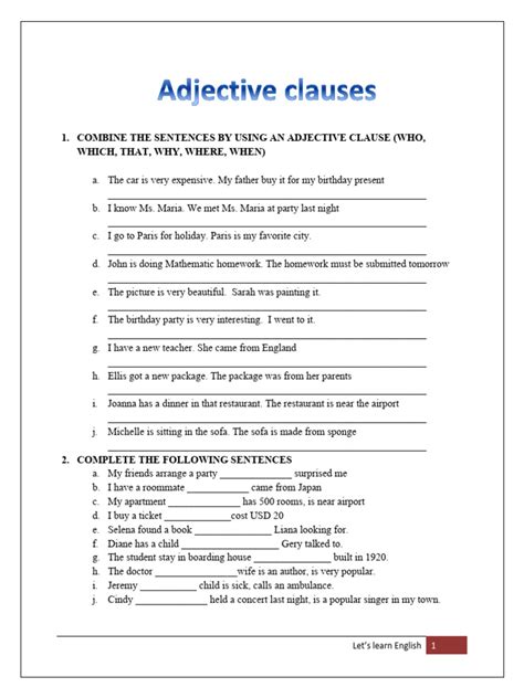 Adjective Clause Exercise Pdf