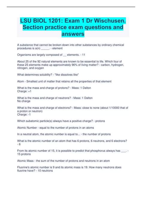 Lsu Biol 1201 Exam 1 Dr Wischusen Section Practice Exam Questions And