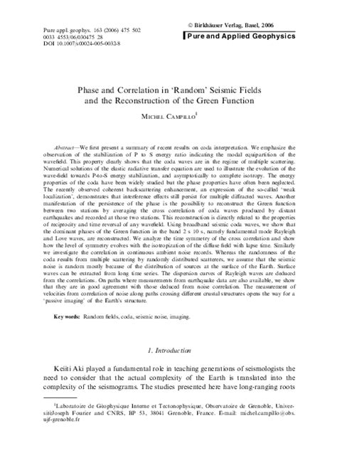 Pdf Phase And Correlation In `random Seismic Fields And The Reconstruction Of The Green Function