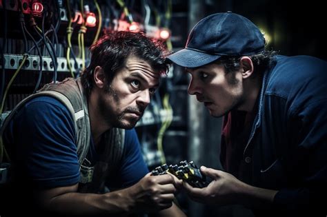 Premium Photo Technicians Troubleshooting A Network Issue In A Server Room