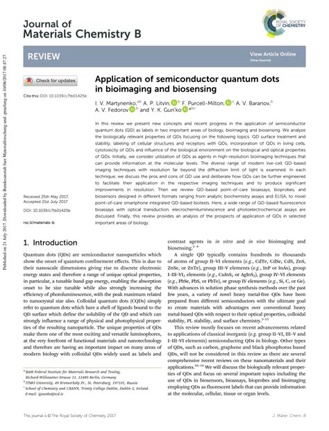 Pdf Application Of Semiconductor Quantum Dots In Bioimaging And