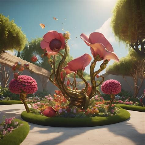 Premium Photo Surrealistic Garden With Oversized Flowers And Floating