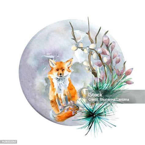 Composition Of Winter Plants And Fox Watercolor Illustration Isolated