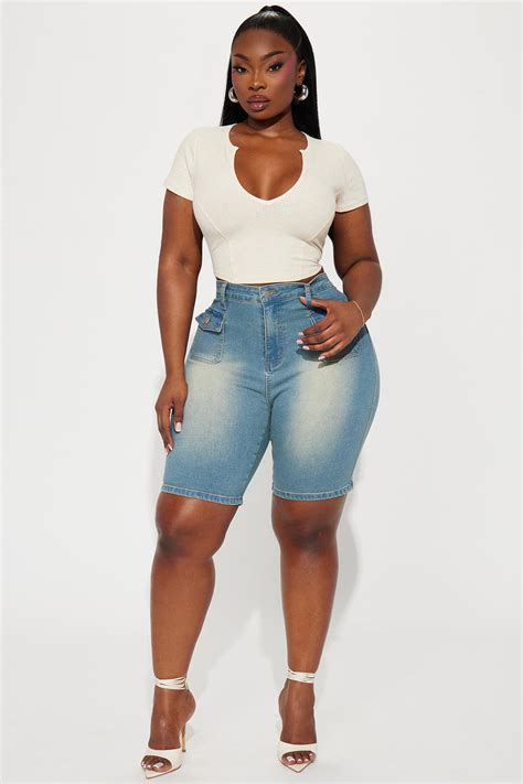 Shocker Tinted Stretch Denim Bermuda Shorts Medium Wash Fashion Nova