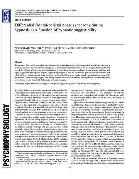 Pdf Differential Frontal Parietal Phase Synchrony During Hypnosis As