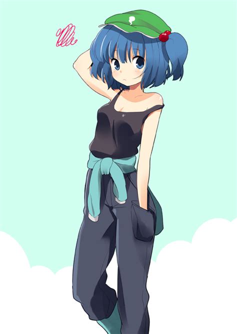 Safebooru Arm Up Bare Shoulders Blue Eyes Blue Hair Boots Casual