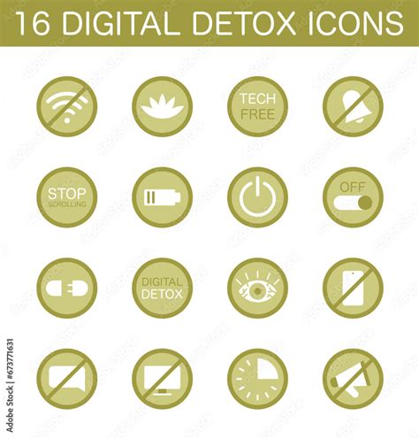 Digital Detox Icons Set Mindfulness Reducing Screen Time And