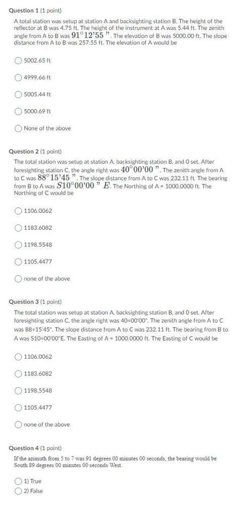 Question Point A Total Station Was Setup At Chegg Com