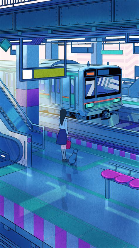 1080x1920 Train Station Anime Girl With Cat Iphone 76s6 Plus Pixel