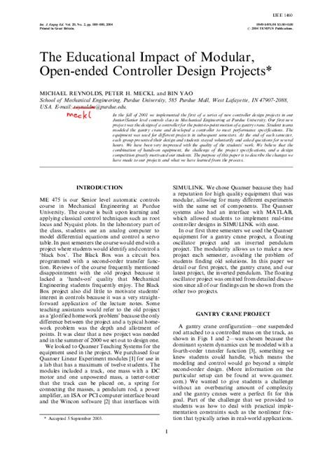 Pdf The Educational Impact Of Modular Open Ended Controller Design Projects