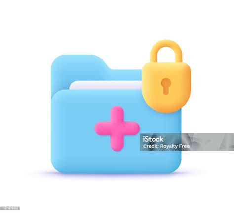 환자 기록 파일 및 잠금이 있는 의료 폴더입니다 의료 데이터 및 문서 보안 환자 데이터 보호 개념 3d 벡터 아이콘입니다 만화