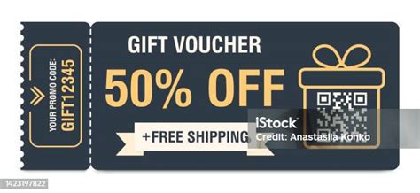 할인 쿠폰 50 할인 백분율 표시가있는 상품권 웹 사이트 인터넷 광고 소셜 미디어에 대한 Qr 코드 및 프로모션 코드 벡터 일러스트 레이 션 50에 대한 스톡 벡터 아트 및