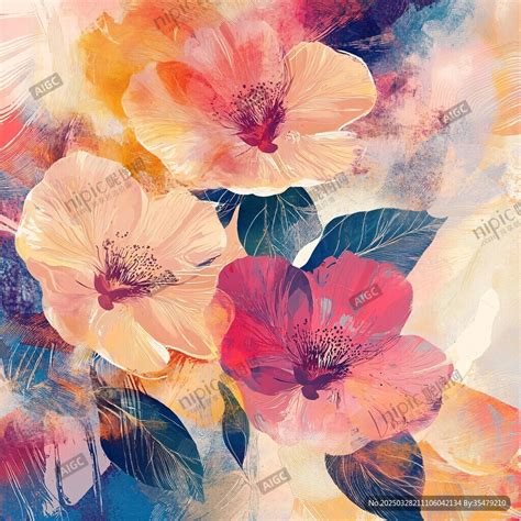 Ai创作图花卉 抽象 艺术 色彩 花瓣 叶子 绘画 水彩 笔触 柔美 绚丽 梦幻 缤纷 图案 美感 昵图网