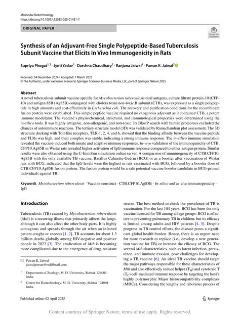 Synthesis Of An Adjuvant Free Single Polypeptide Based Tuberculosis
