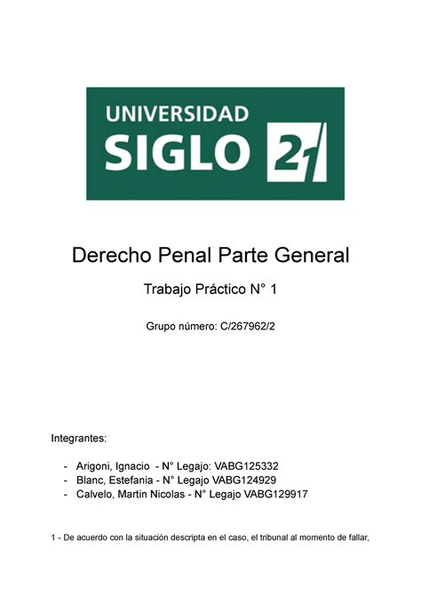 Tp1 Derecho Penal General Derecho Penal Parte General Trabajo