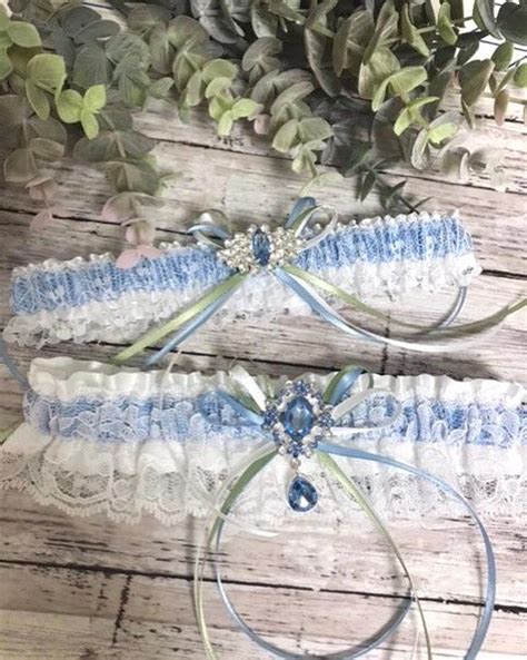 Sage And Dusty Blue Wedding Garter Set Cornflower Bridal Garters