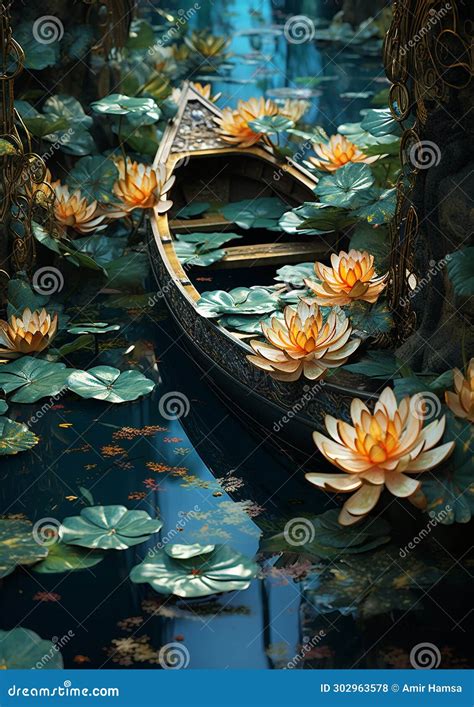 A Boat Surrounded By Lotus Lily Pads Stock Illustration Illustration