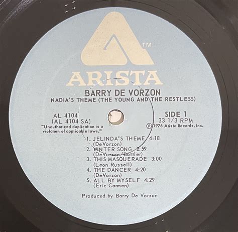 Vintage Vinyl Barry Devorzon Nadias Theme 1976 Arista Vg Vinyl Album