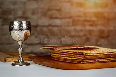 Silver Wine Cup With Matzah Jewish Symbols For The Passover Pesach