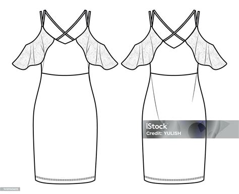레이스 소매 패션 Cad와 벡터 여성 여름 드레스 어깨 끈 기술 도면 템플릿 플랫 스케치와 드레스 저지 또는 짠 직물 드레스 전면 후면보기 흰색 색상 0명에 대한 스톡 벡터