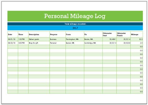 Excel Mileage Log Template