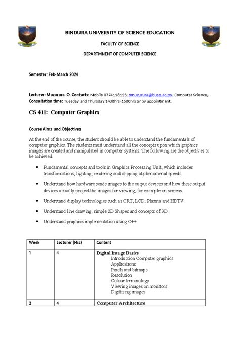 course outline cs411 bindura university of science education faculty