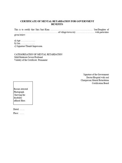 12a Format Disability Certificate For Mental Retardation Pdf