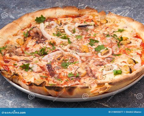Pizza With Seafood Shrimp Squid Mussels Octopus Stock Image Image