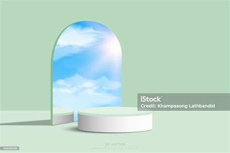 3d 흰색 녹색 연단 디스플레이입니다 아치 거울 유리에 구름 하늘 태양이 있는 쇼케이스를 위한 실린더 받침대 또는 무대 모형 또는 제품 프리젠테이션을 위한 야외 장면 디자인