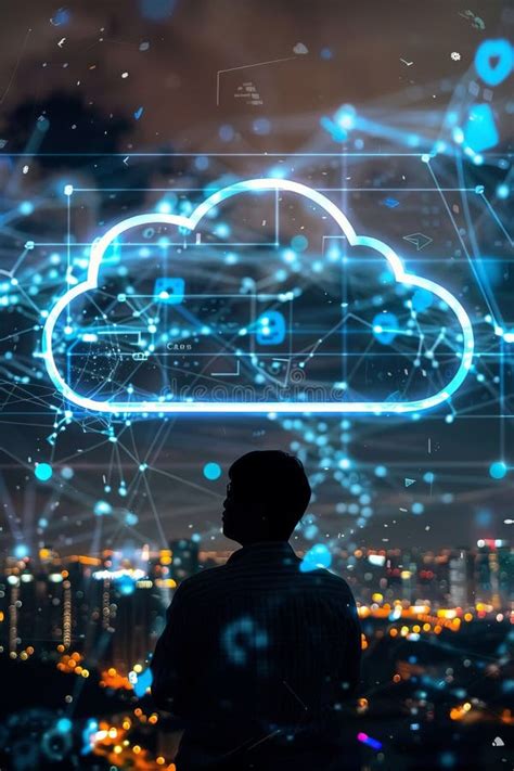 Silhouette Cloud Computing Symbol Modern City Person Gazing At