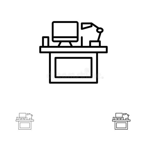 Computer Desk Desktop Monitor Office Place Table Bold And Thin Black Line Icon Set Stock