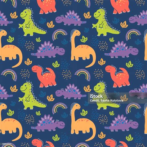 Pola Dino Dalam Gaya Kartun Dengan Latar Belakang Biru Grafik Ilustrasi