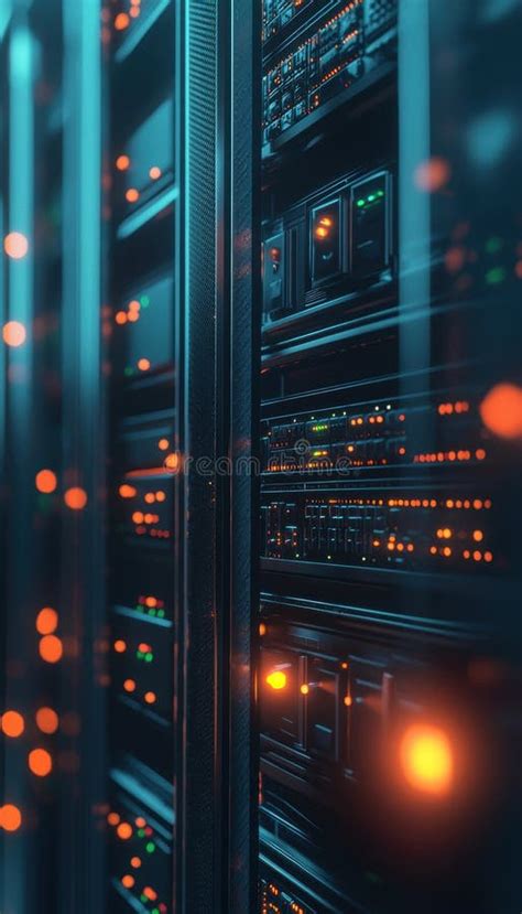 Close Up Of Server Unit With Flashing LEDs In Dimly Lit Data Center For Technology Posters Stock