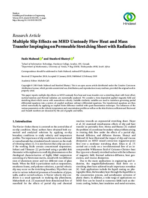 Pdf Multiple Slip Effects On Mhd Unsteady Flow Heat And Mass Transfer