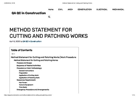 Method Statement For Cutting And Patching Works Qa Qc In Construction