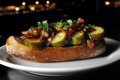 Gourmet Sandwich With Bacon Pickles And Cilantro On A Rustic Bread