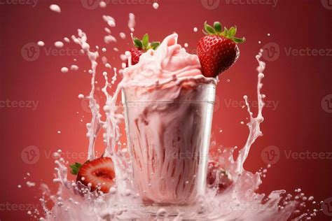 Strawberry Smoothie Frappe Effect Swirling Wave Strawberry Milk Splash Around Glass Generative