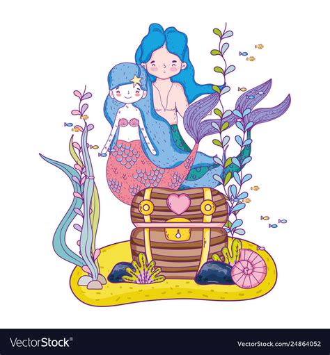 Couple Mermaids With Treasure Chest Undersea Vector Image