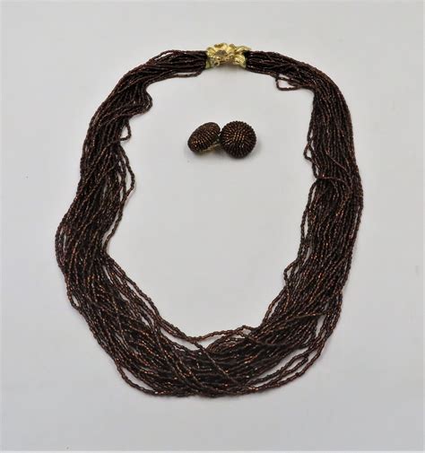 Fabulous 1950s Bronze Seed Bead Multi Strand Necklac Gem