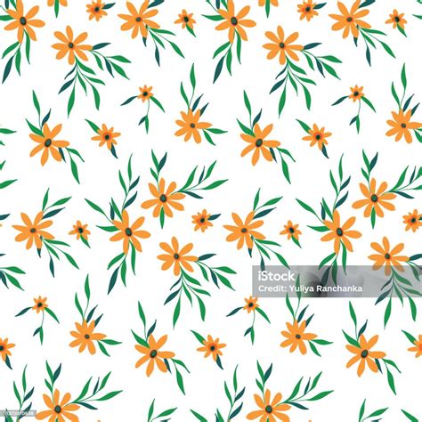 小さな黄色の花の自由の組成とシームレスなパターン白い背景に葉シンプルな手描きの花葉の繊細な花柄トレンディな花の背景デザインベクトル