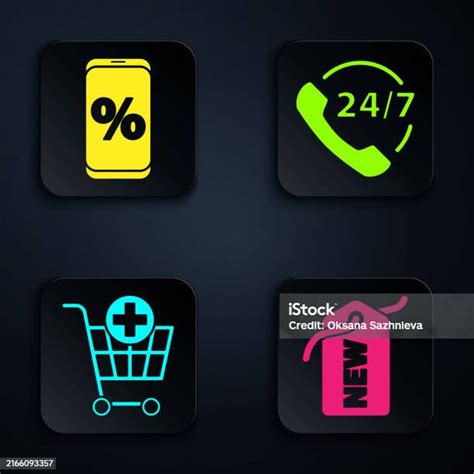 신규 퍼센트 할인 및 모바일 장바구니에 추가 및 전화 24시간 지원으로 가격표를 설정하세요 검은색 사각형 버튼입니다 벡터 24에 대한 스톡 벡터 아트 및 기타 이미지