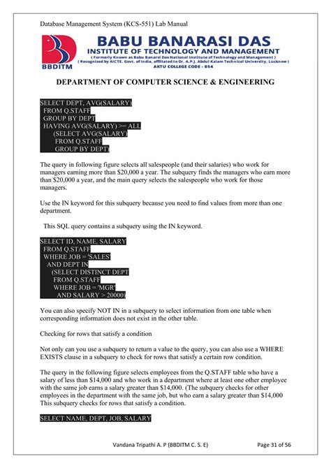 Data Base Management System Lab Manual Kcs 551pdf
